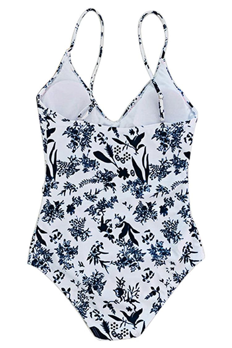 Iyasson Blue Floral Printing Splicing One Piece Swimsuit