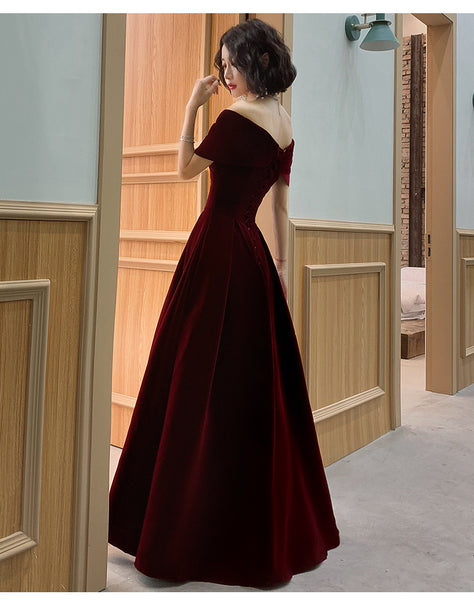 Beautiful Dark Red Velvet Off Shoulder Bridesmaid Dress A Line Long P