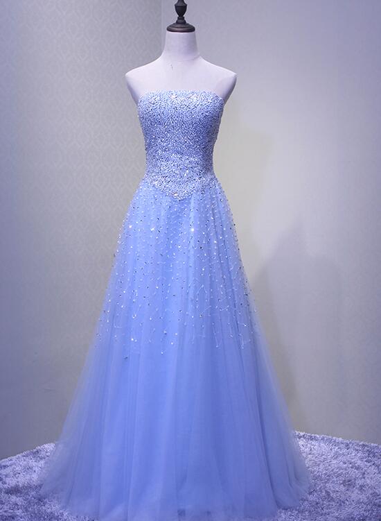 Light Blue Sparkle Long Formal Gowns Beaded Party Dresses Blue Tulle