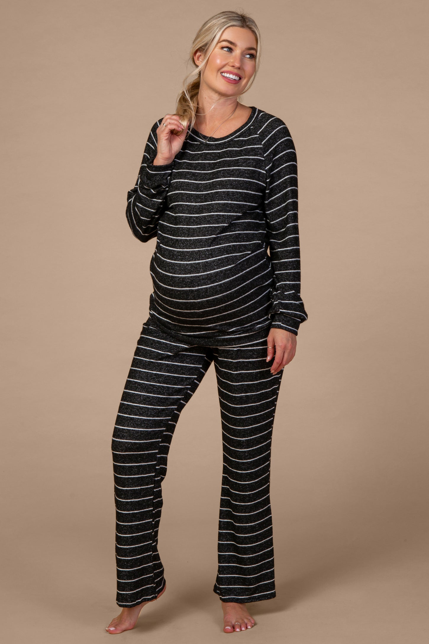 Pinkblush Charcoal Striped Soft Long Sleeve Maternity Pajama Set