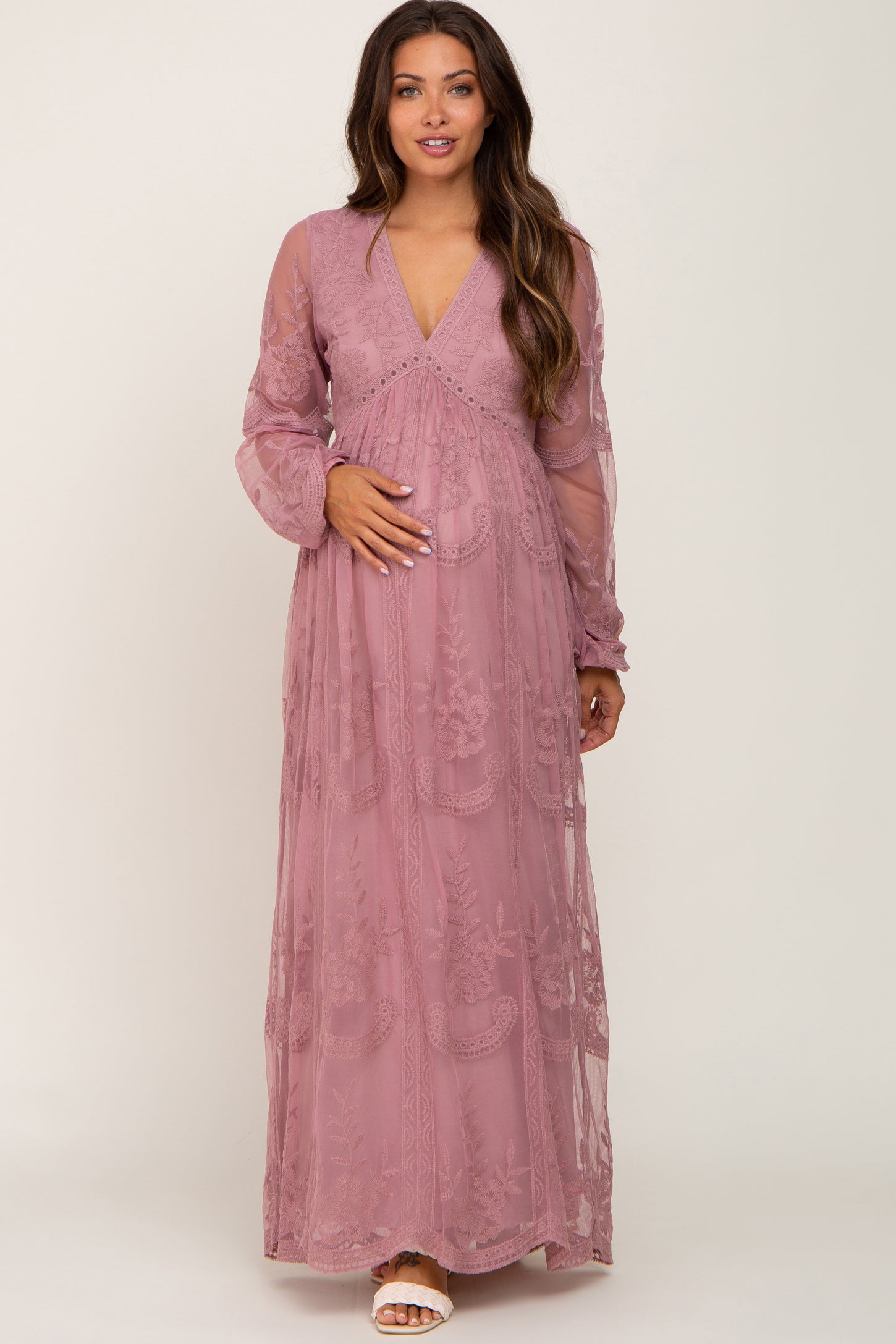 Pinkblush Mauve Lace Mesh Overlay Long Sleeve Maternity Maxi Dress