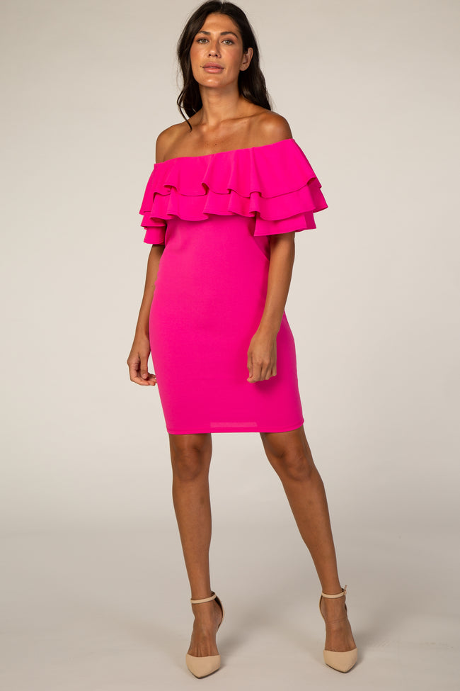 Pinkblush Fuchsia Layered Ruffle Off Shoulder Fitted Dress