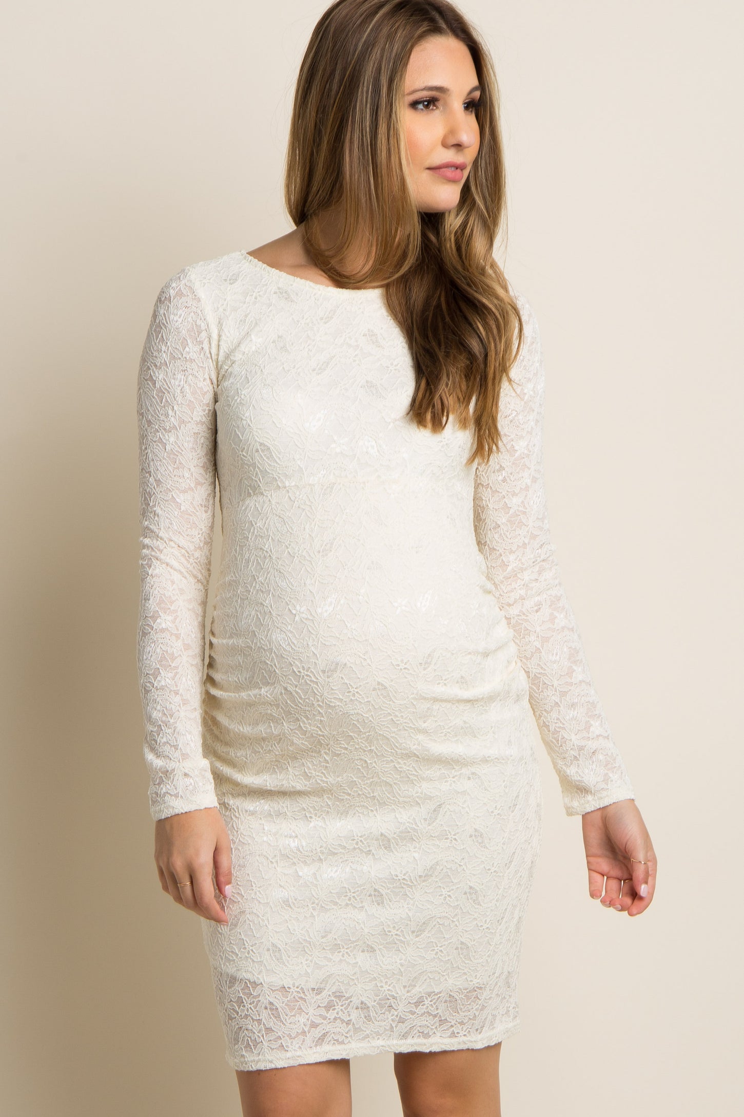 Pinkblush Ivory Lace Fitted Long Sleeve Maternity Dress