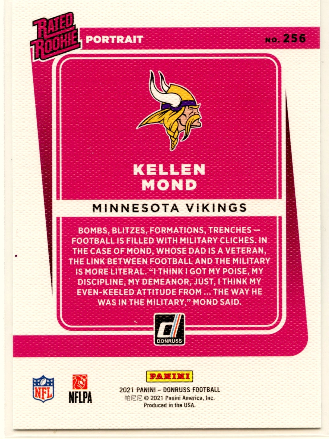 Kellen Mond Rc 2021 Donruss Portrait Rated Rookie Sp Vikings