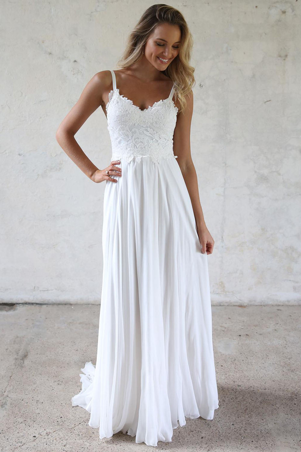 A Line Spaghetti Straps Lace Top Beach Wedding Dresses Angrila