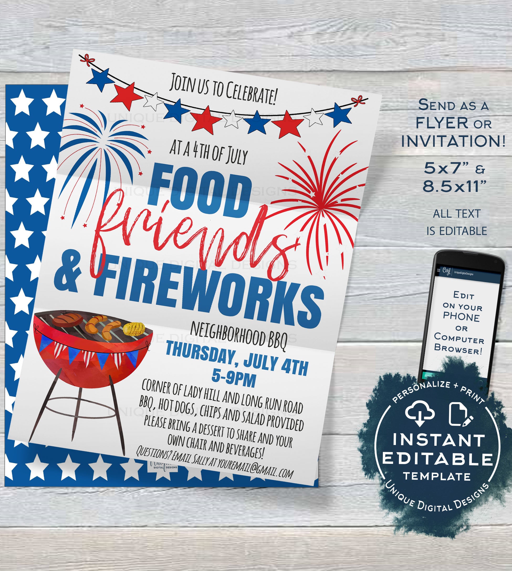 4th Of July Invitation Editable Fourth Of July Celebration Bbq