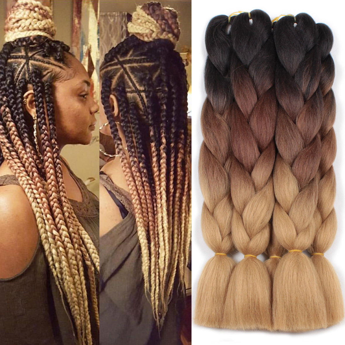 Ombre Three Tone Synthetic Jumbo Crochet Braids Rainbow Kanekalon Colo