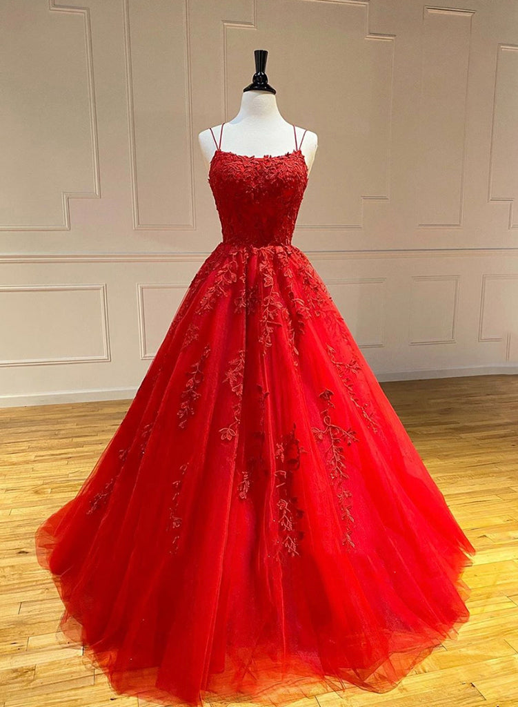 Red Tulle Lace Long Prom Dress Trendty