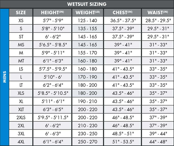 Size Charts Oneill Clothing And Wetsuits