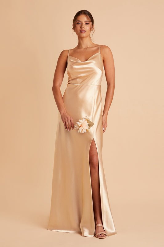 Lisa Long Satin Bridesmaid Dress In Gold Birdy Grey