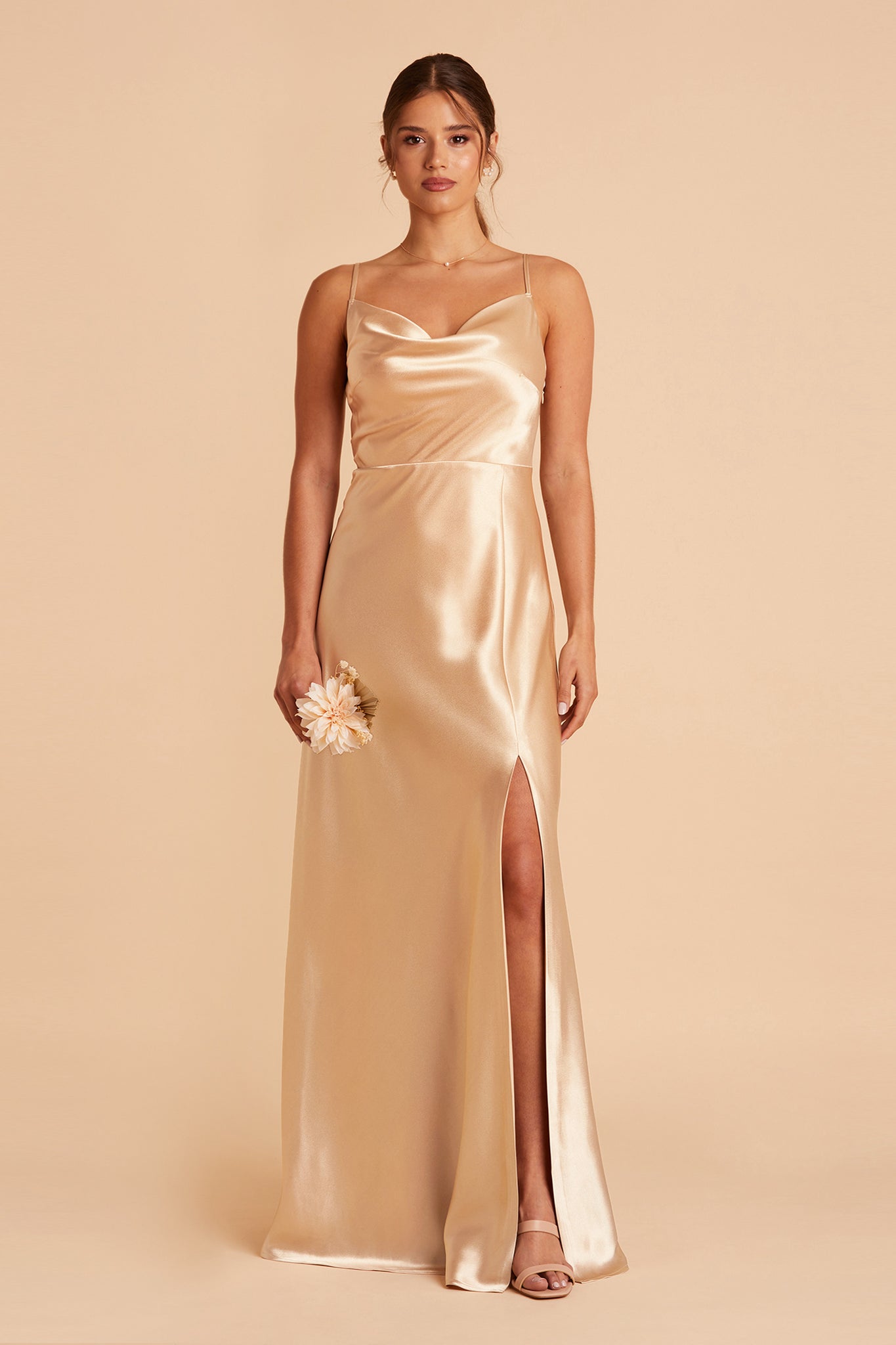 Lisa Long Satin Bridesmaid Dress In Gold Birdy Grey