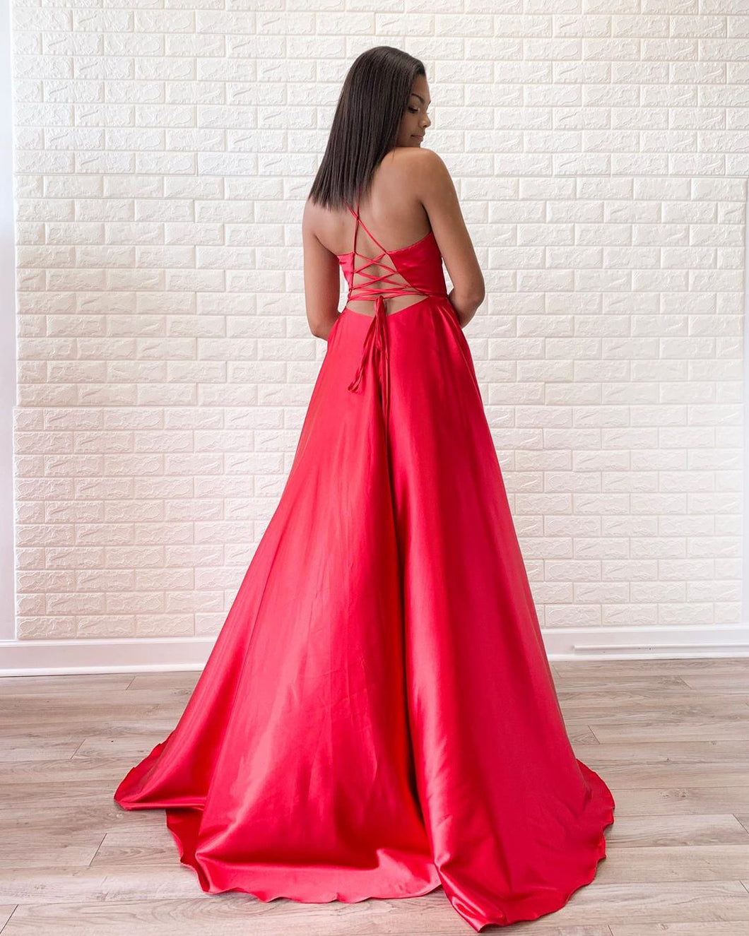 Simple Red Satin Halter V Neck A Line Sweep Train Long Prom Dress Jka0