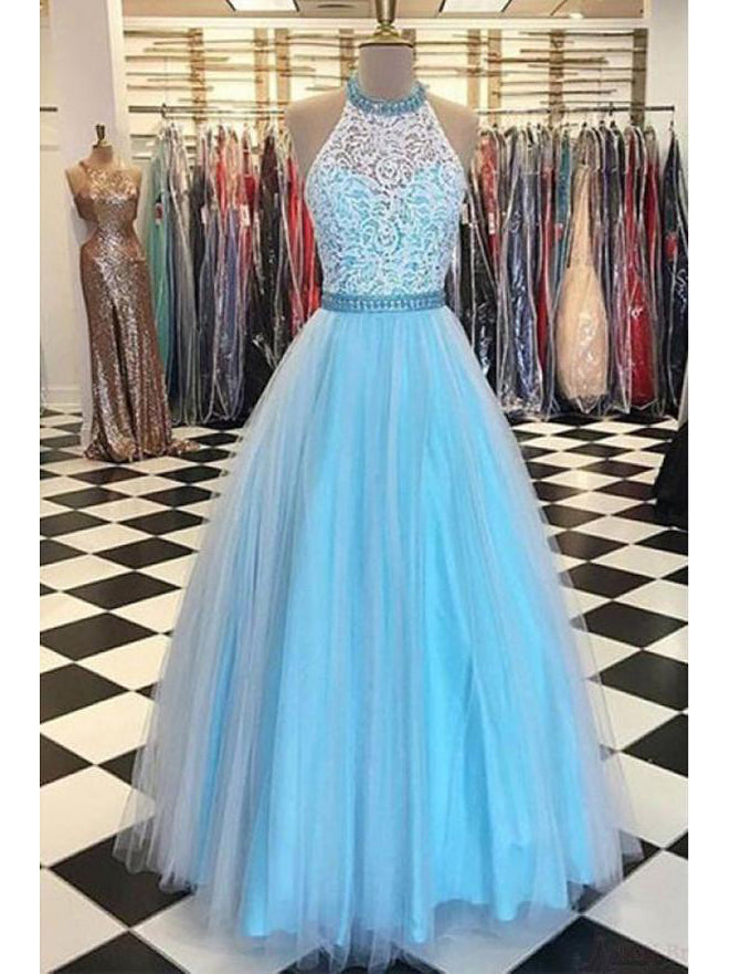 Lace Prom Dresses Halter A Line Floor Length Sexy Prom Dressevening D