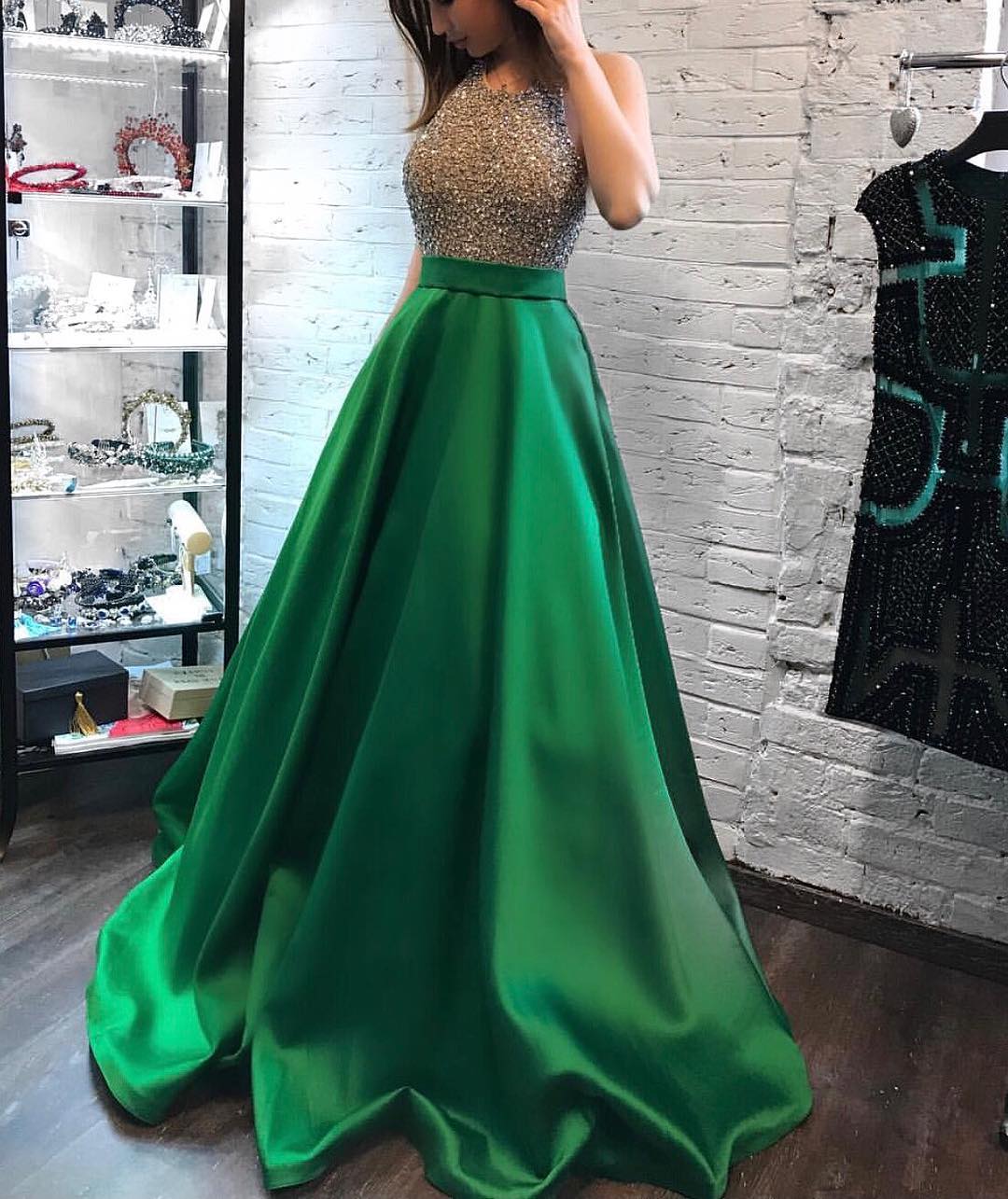 Sparkly Prom Dresses A Line Halter Rhinestone Long Simple Prom Dress S