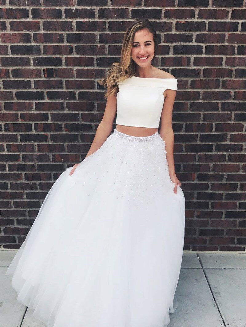 Two Piece Prom Dresses Off The Shoulder A Line Long Chic Prom Dress Jk