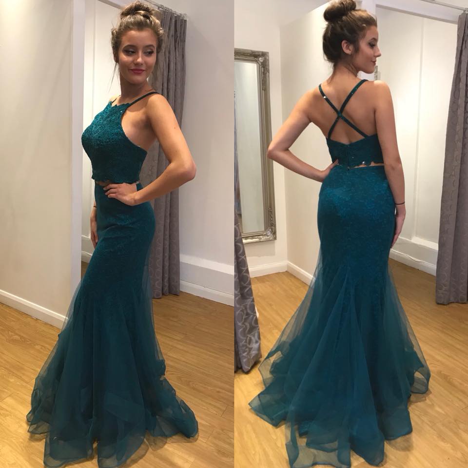 Two Piece Mermaid Prom Dresses Halter Floor Length Lace Long Sexy Prom