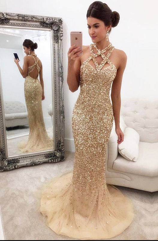 Luxury Sparkly Prom Dresses Rhinestone Halter Sheath Long Sexy Prom Dr