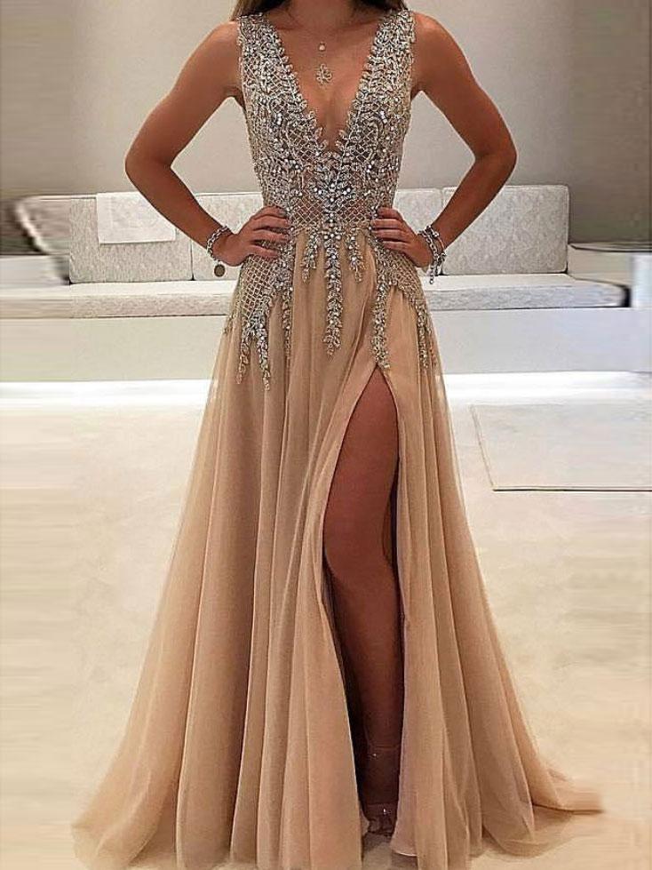 Beautiful Prom Dresses V Neck Slit Sexy Rhinestone Prom Dressevening