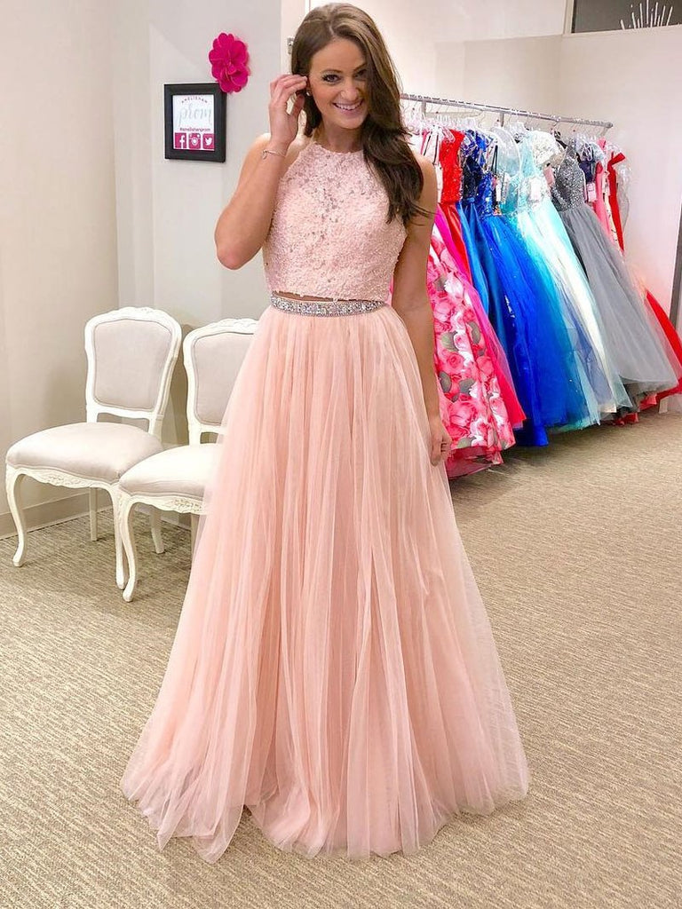 Two Piece Prom Dresses Halter A Line Floor Length Pink Long Tulle Spar