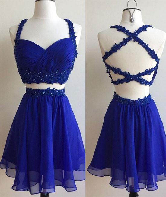 Two Piece Homecoming Dress Sexy Royal Blue Chiffon Short Prom Dress Pa