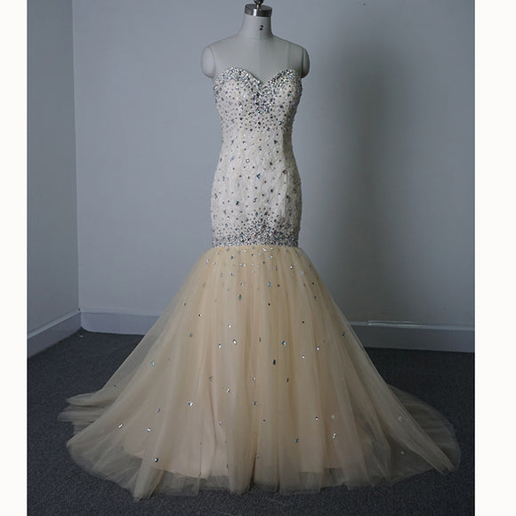Sparkle Champagne Diamond Crystal Prom Dress Sweetheart Tulle Mermaid