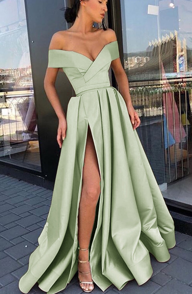 Elegant Off The Shoulder Sage Green Prom Dresses 2022 Sexy Side Split