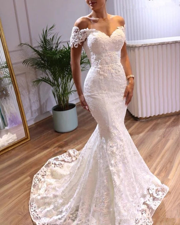 Ivory Lace Off The Shoulder Mermaid Wedding Dresses Women Bridal Dress