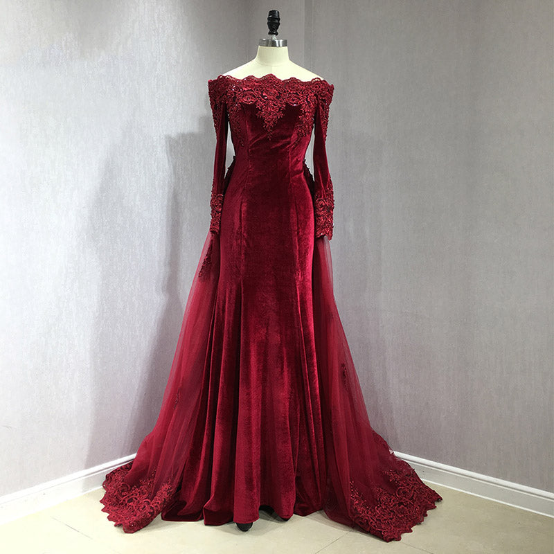 Burgundy Long Sleeves Women Velvet Prom Dresses Arabic Lace Mermaid Ev