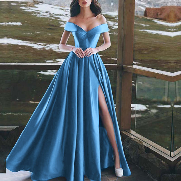 Sky Blue Off Shoulder Sexy Slit Prom Dress 2018 A Line Formal Evening