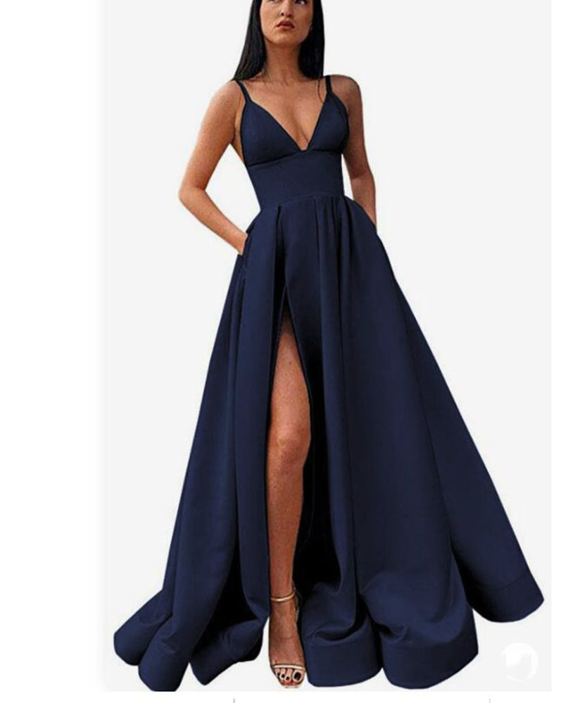 Sexy High Split Satin A Line V Neck Navy Blue Long Gown Formal Dress W