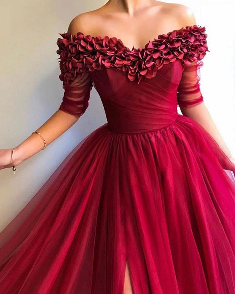 Long Off The Shoulder Red Tulle Dress Prom Party Gown With Slit Pl844