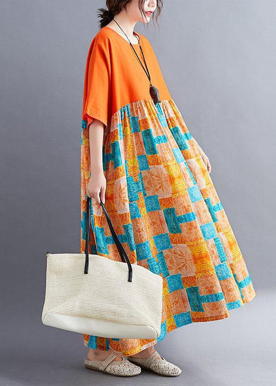 Fine Orange Loose Patchwork Print Summer Holiday Dress Half Sleeve