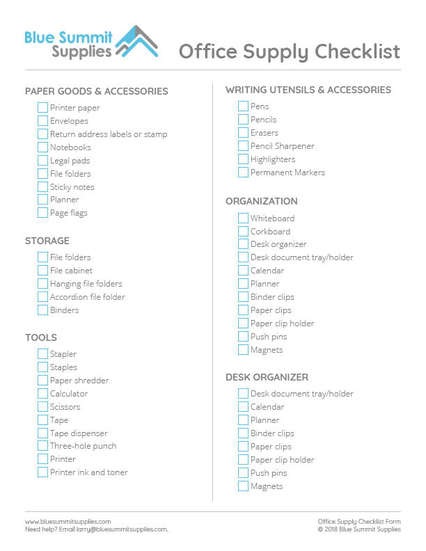 Free Downloadable Office Supply Checklist Form