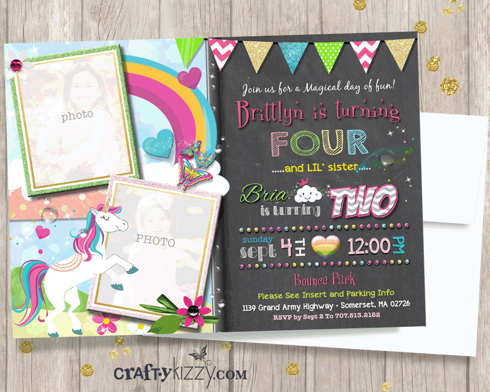 Unicorn Sibling Birthday Invitation Modern Rainbow Birthday Joint