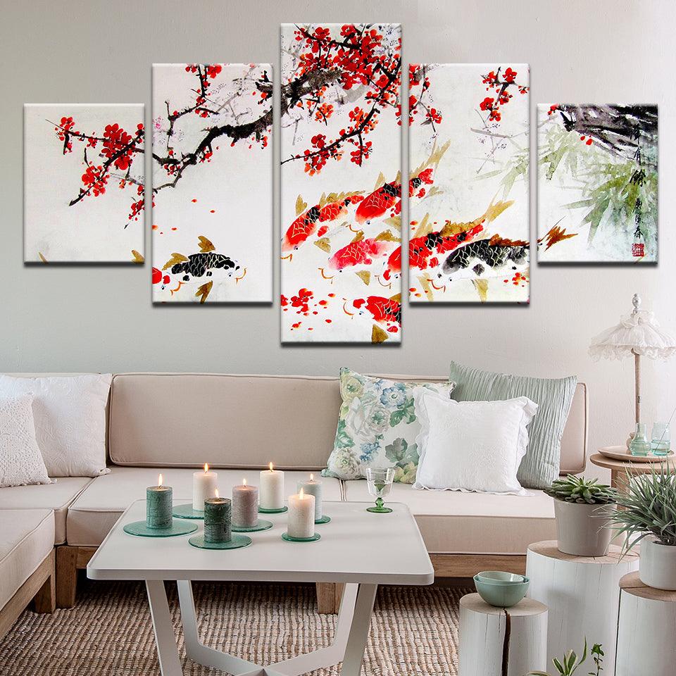 Koi Painting 5 Panel Canvas Print Wall Art