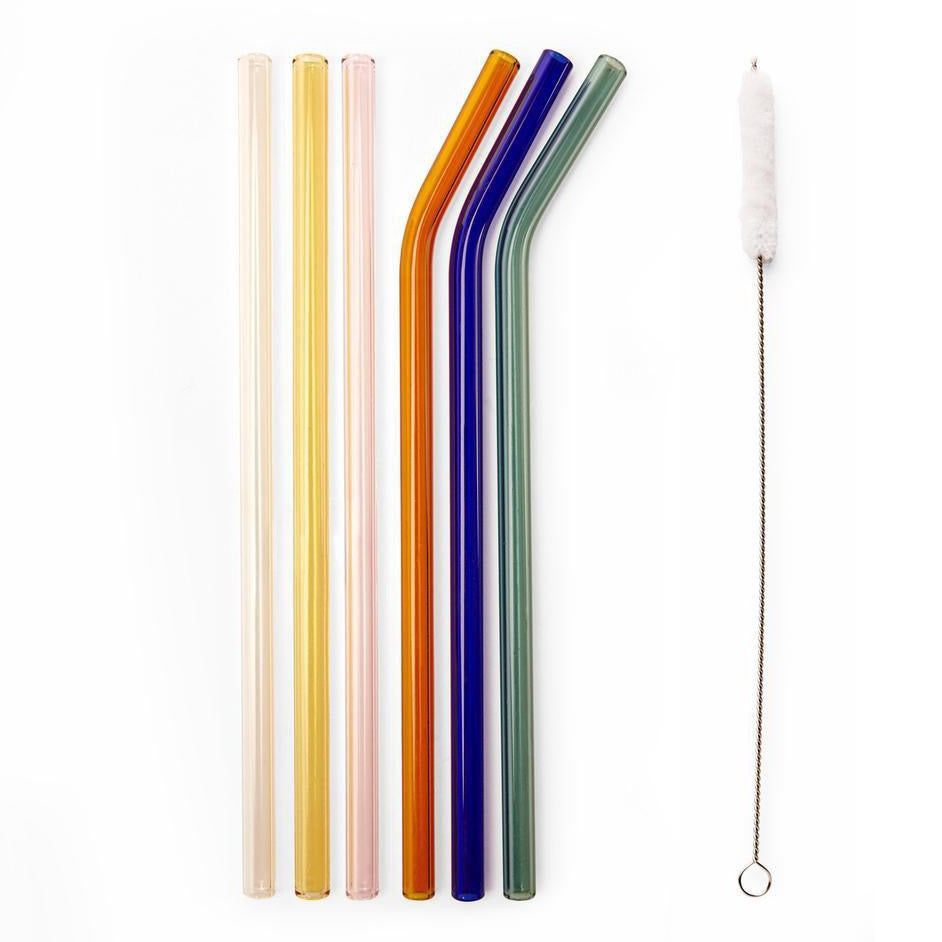 Colourful Reusable Glass Drinking Straws Set Of 6 With Cleaning Brush