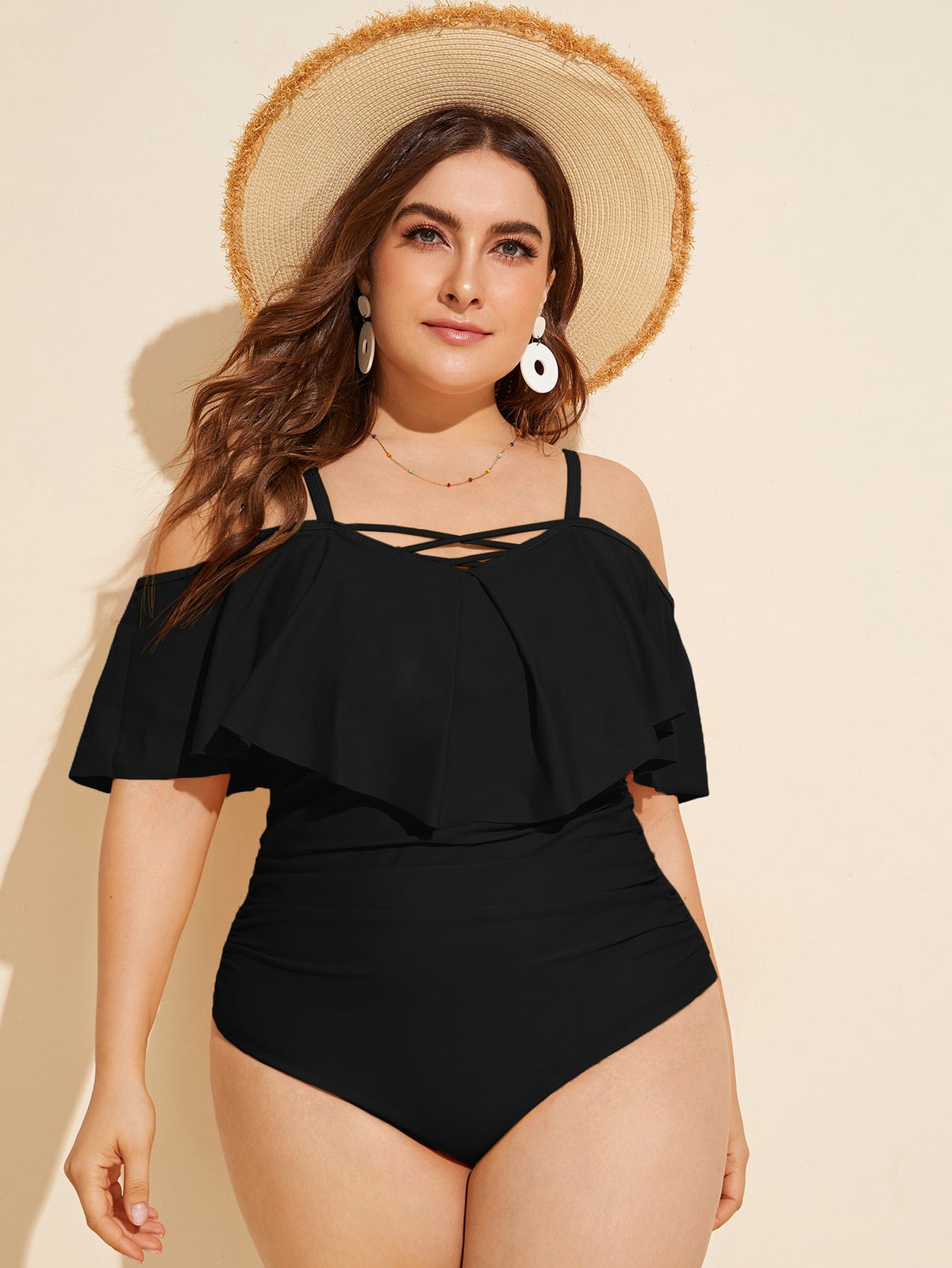 Off Shoulder Ruffled Black One Piece Swimsuit Pomona And Peach