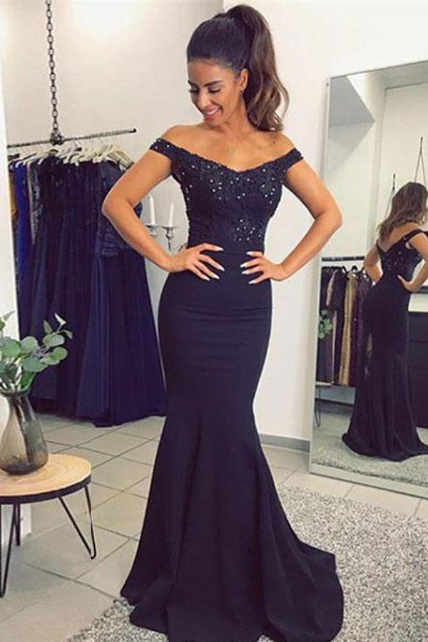 Dark Blue Mermaid Off Shoulder Lace Sequined Prom Dress With Beading