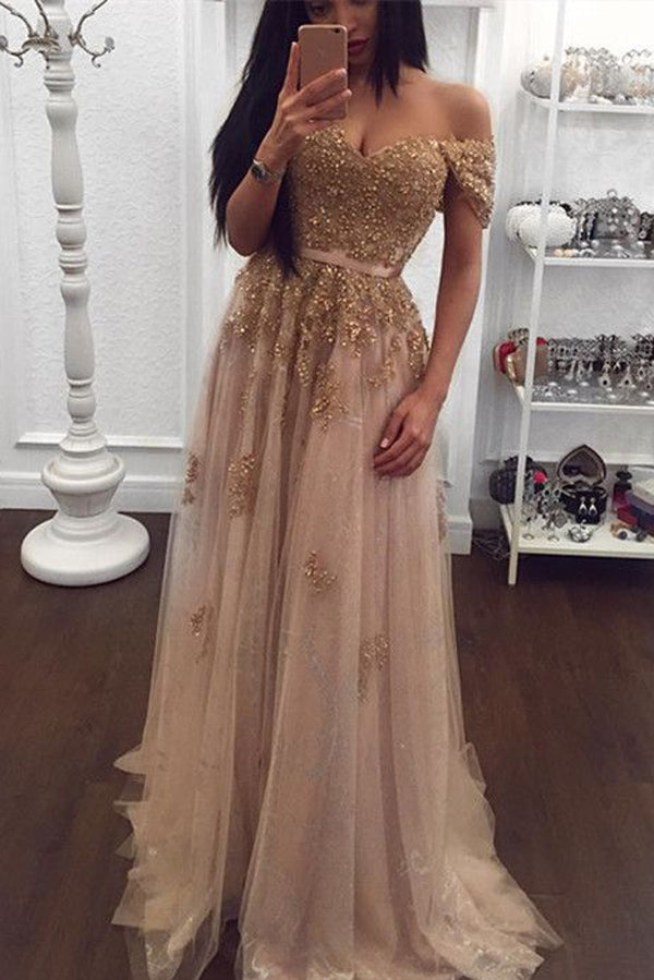 Gold Lace Tulle Beaded Sweetheart Off Shoulder Prom Dress Evening