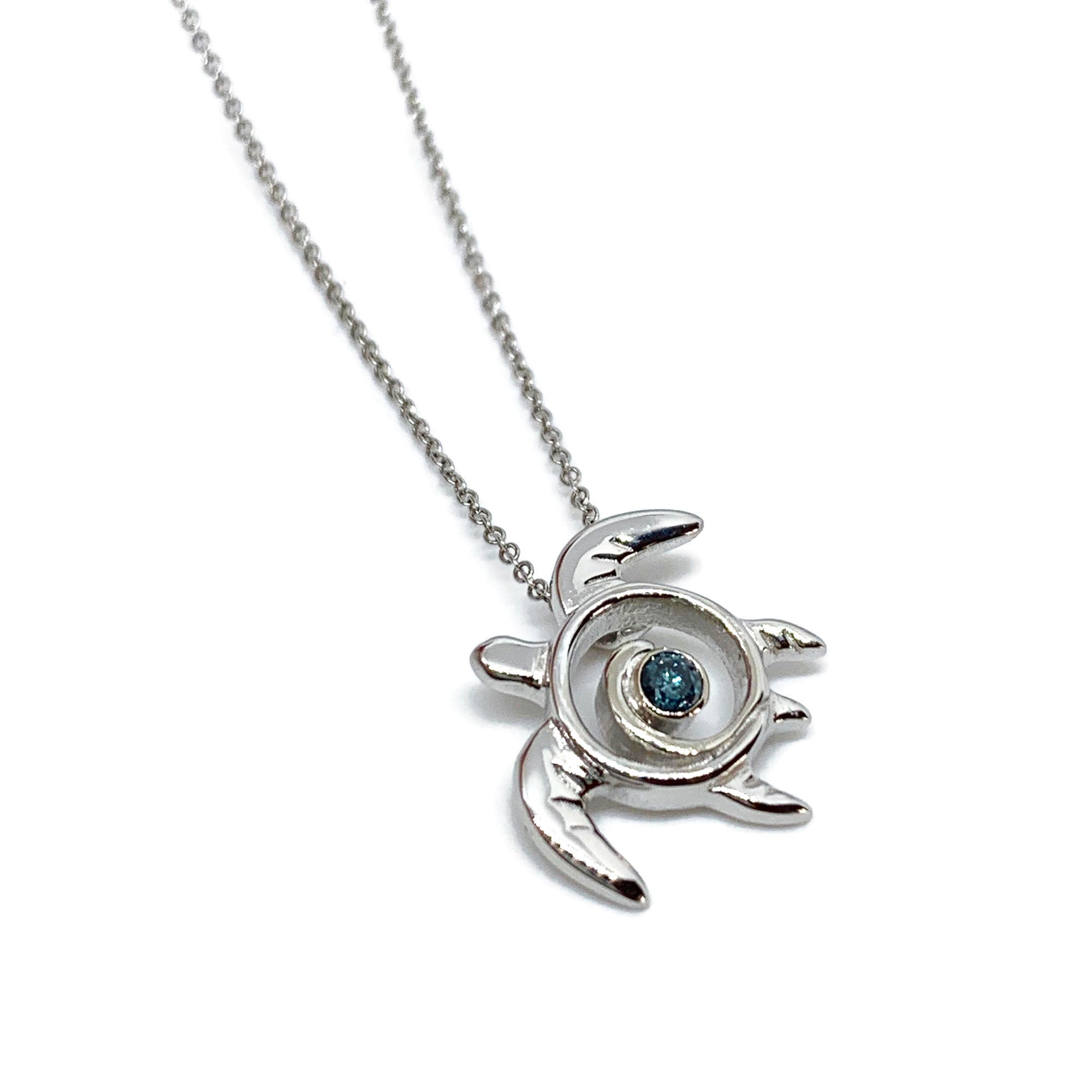 Sea Turtle Necklace White Gold With Blue Diamond Fantasea Jewelry