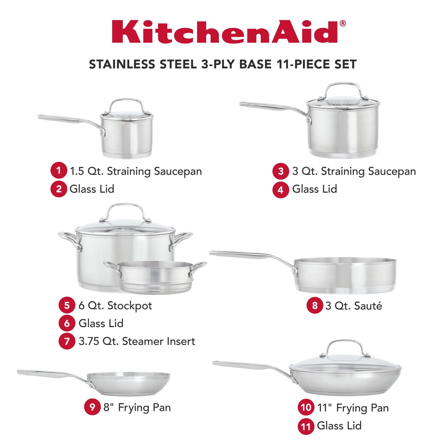 Kitchenaid 3 Ply Base Stainless Steel Cookware Set 11 Piece Brushed