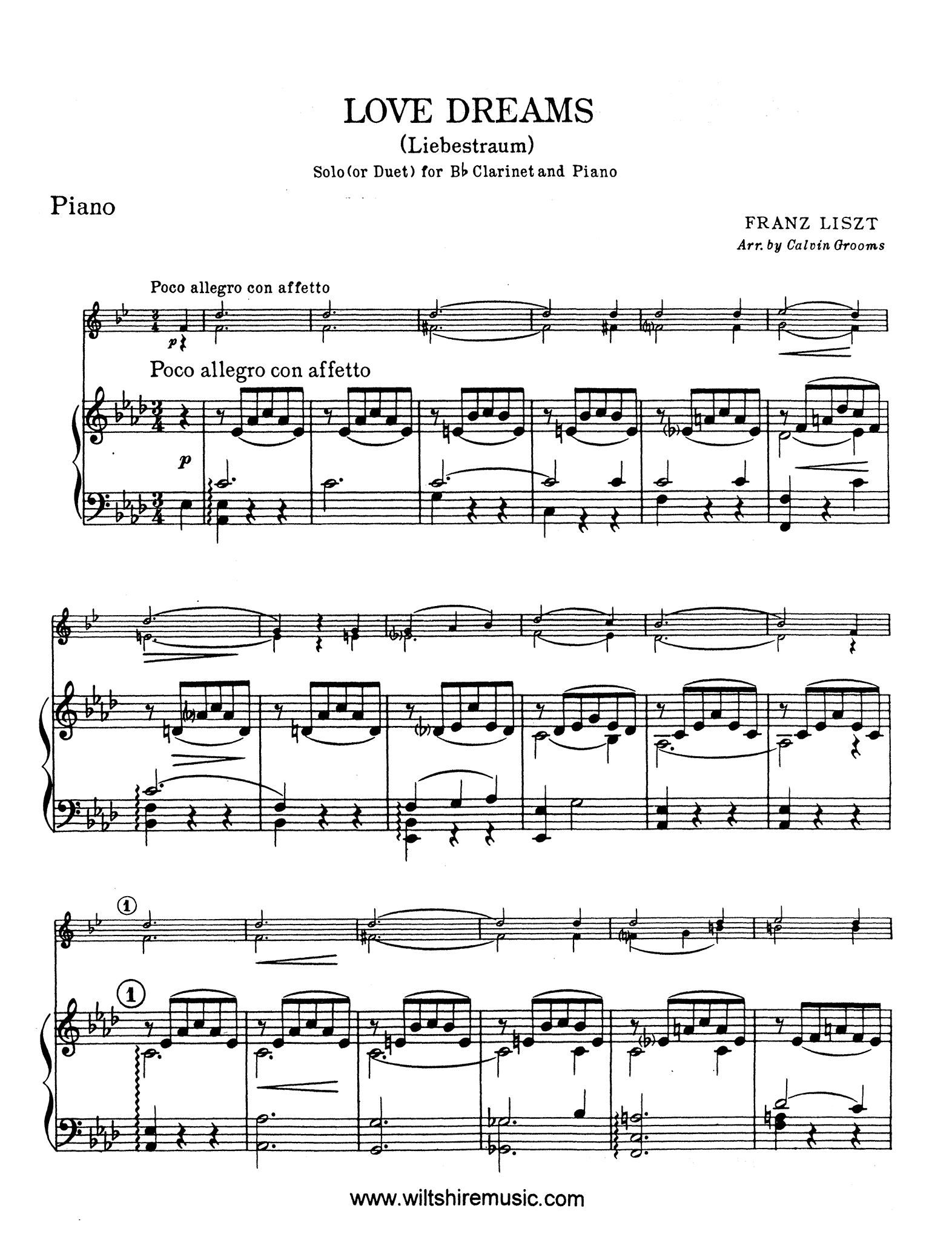 Liszt Franz Liebesträume No 3 Love Dreams For Clarinet And Piano