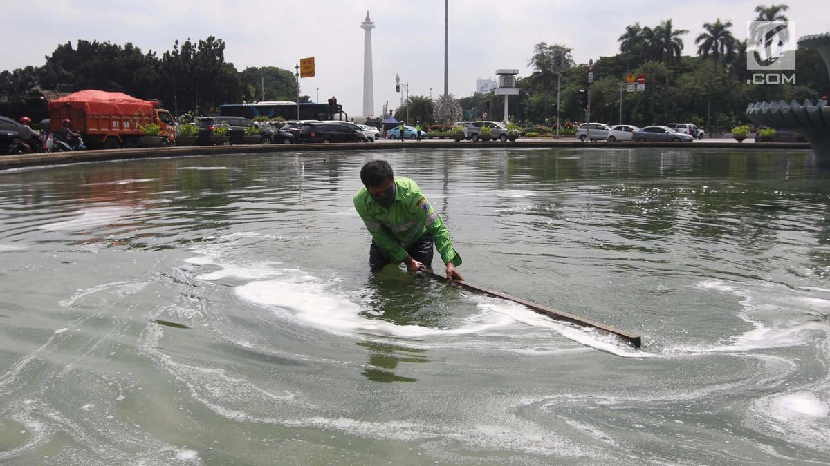 Foto Membersihkan Busa Di Kolam Air Mancur Patung Kuda Foto