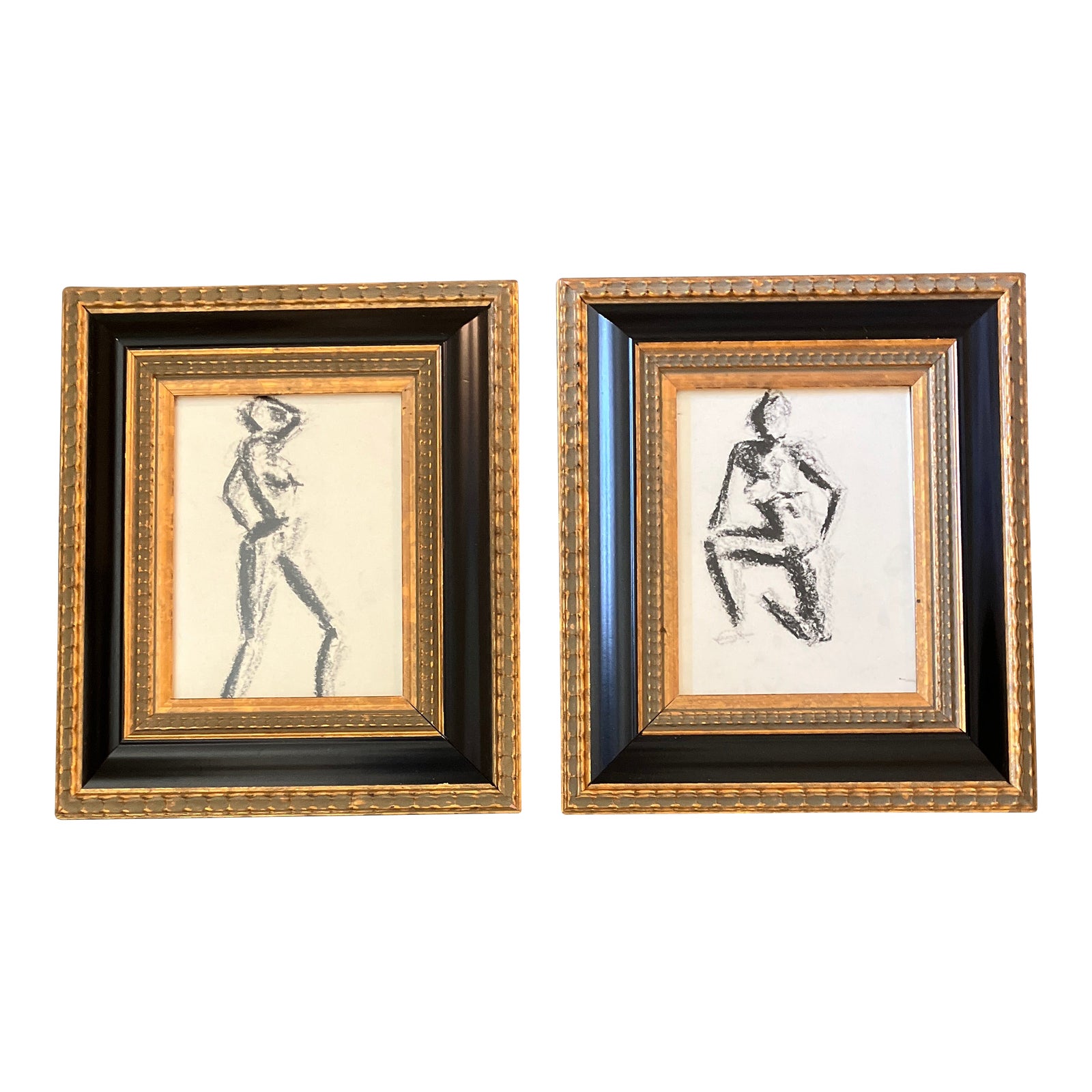 1970s Vintage Abstract Female Nude Charcoal Study Drawings A Pair