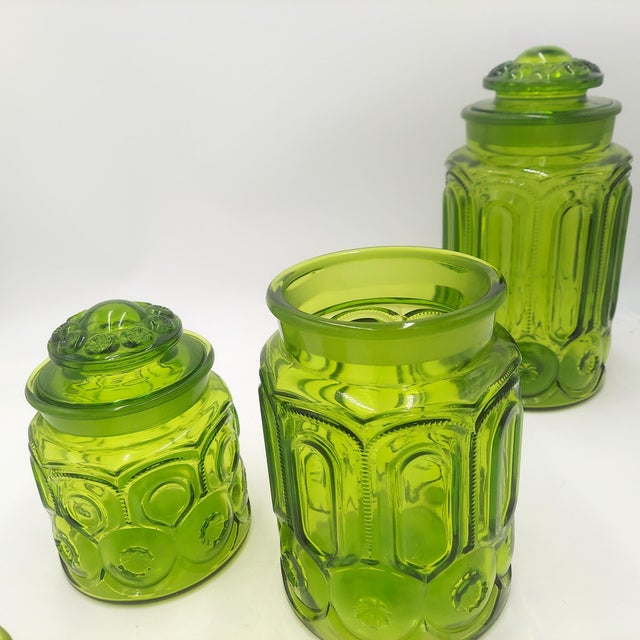 Vintage Mid Century Le Smith Glass Green Moon And Stars Canister Set