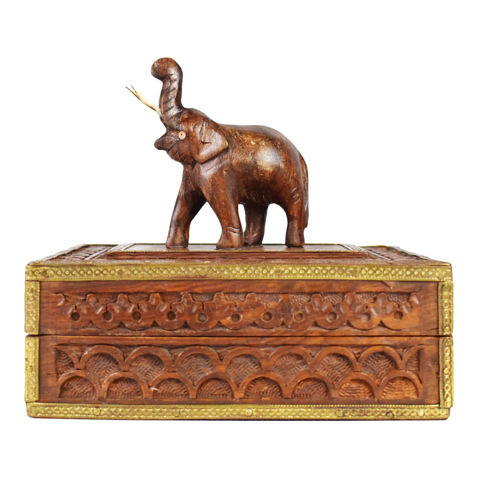 Vintage Hand Carved Elephant Wooden Jewelry Trinket Box With Brass Trim