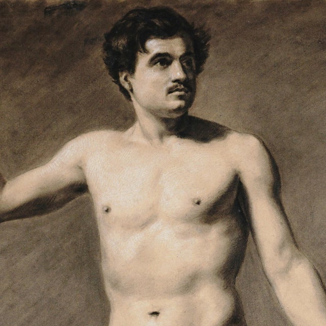 French School Academic Study Male Nude Portrait Charcoal Life Drawing