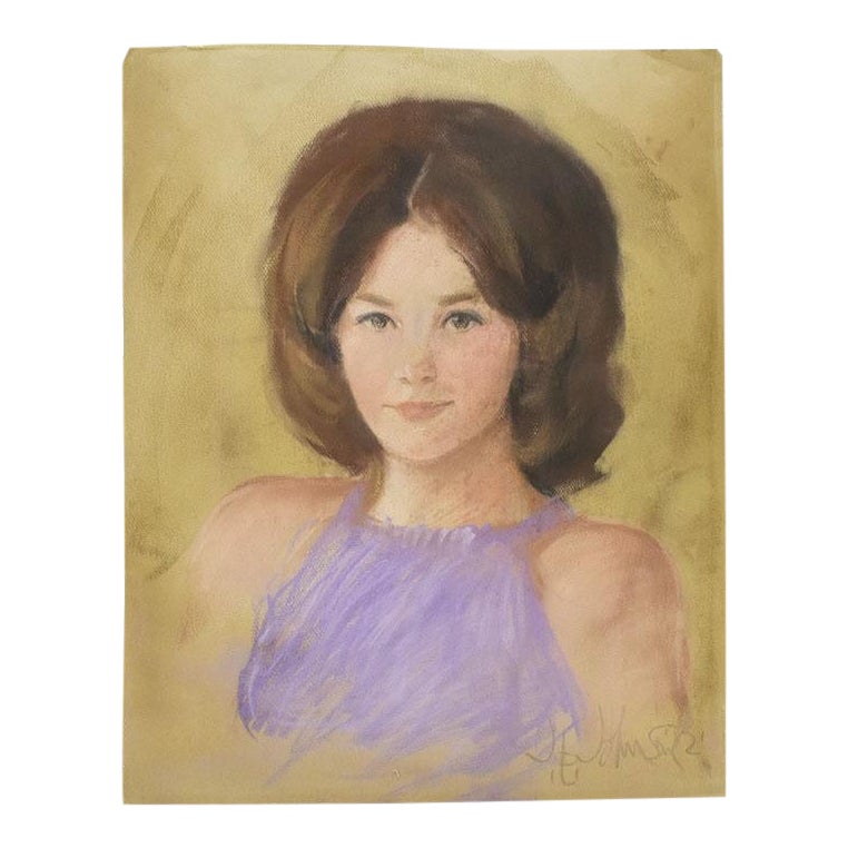 1960s Woman With Dark Hair And Purple Top Signed Pastel Portrait