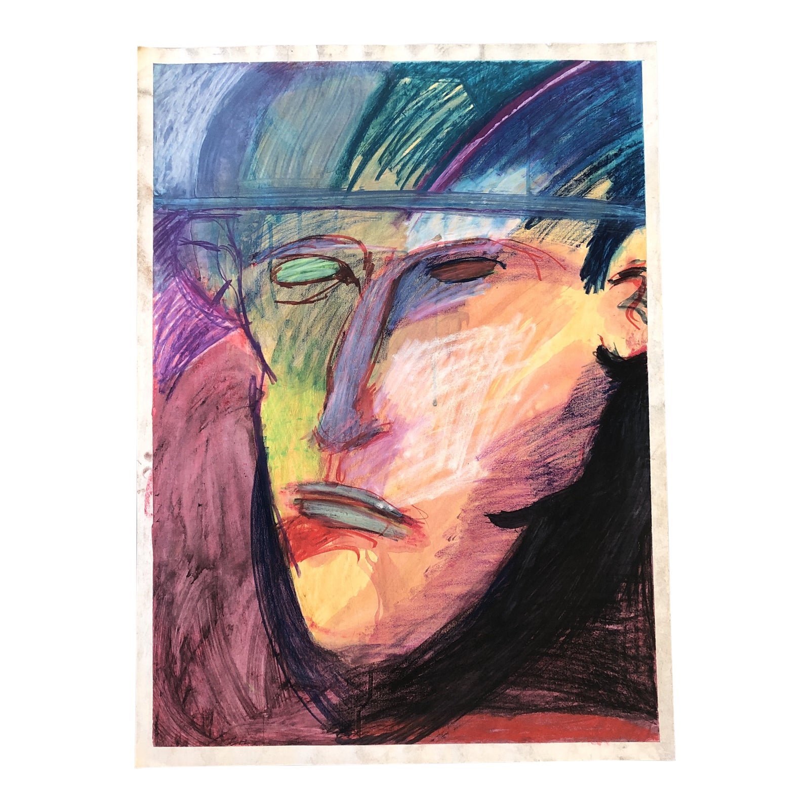 Vintage Large Original Pastel Abstract Portrait Drawing Chairish