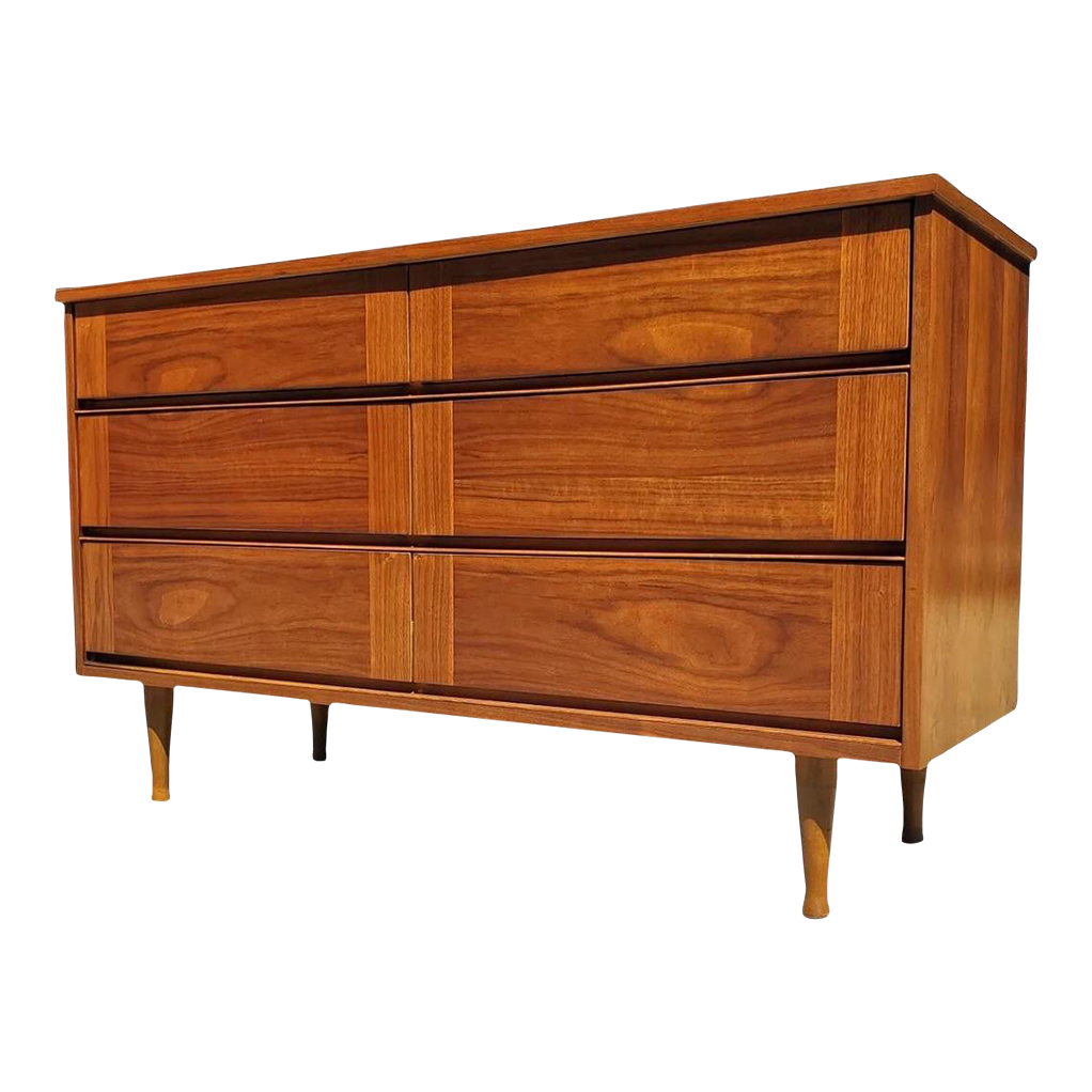 1970s Vintage Mid Century Modern Dresser Dovetail 6 Drawers Walnut Wood